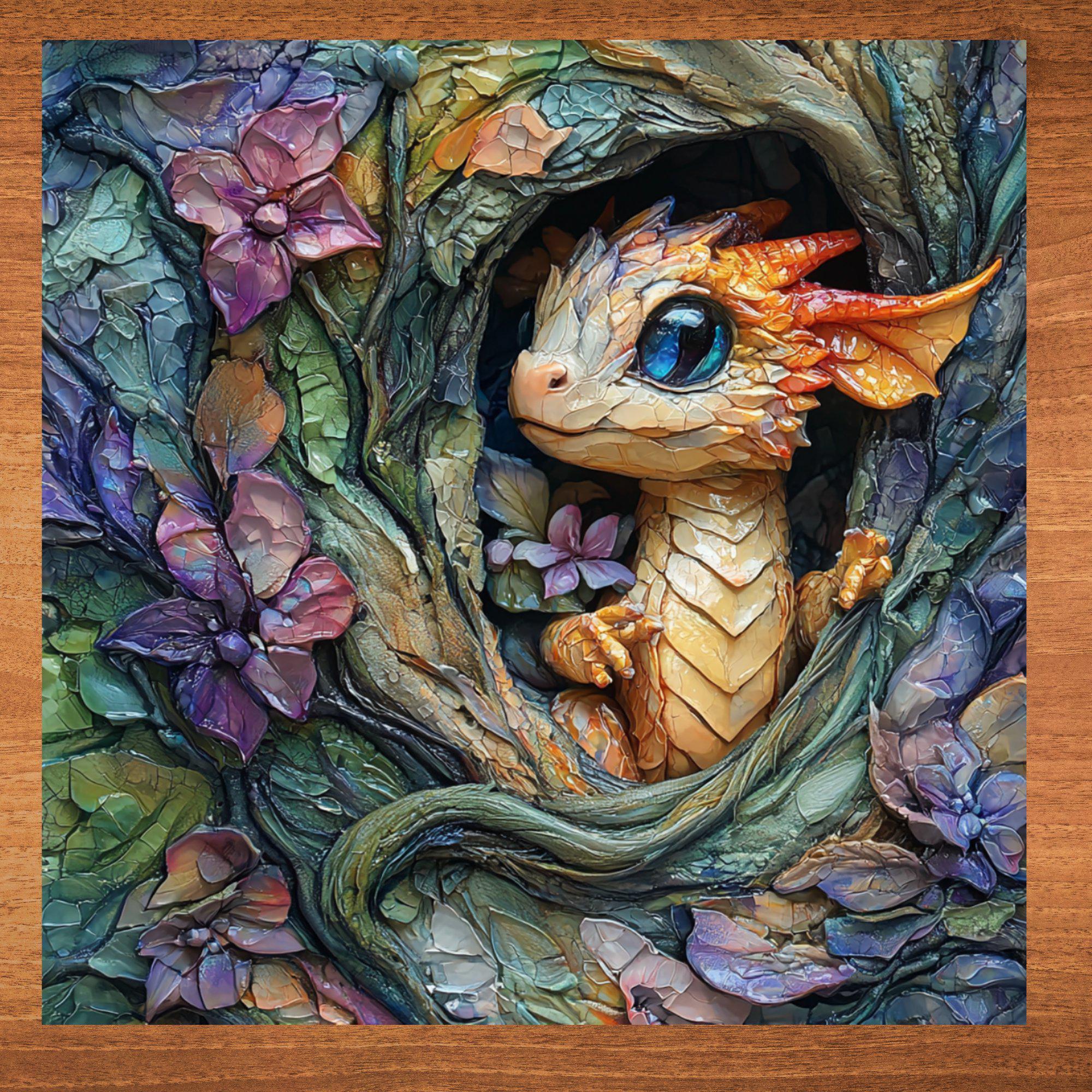 Dragon Hatchling Peeking Out of Tree Ceramic Tile Art Beautiful Animal ...