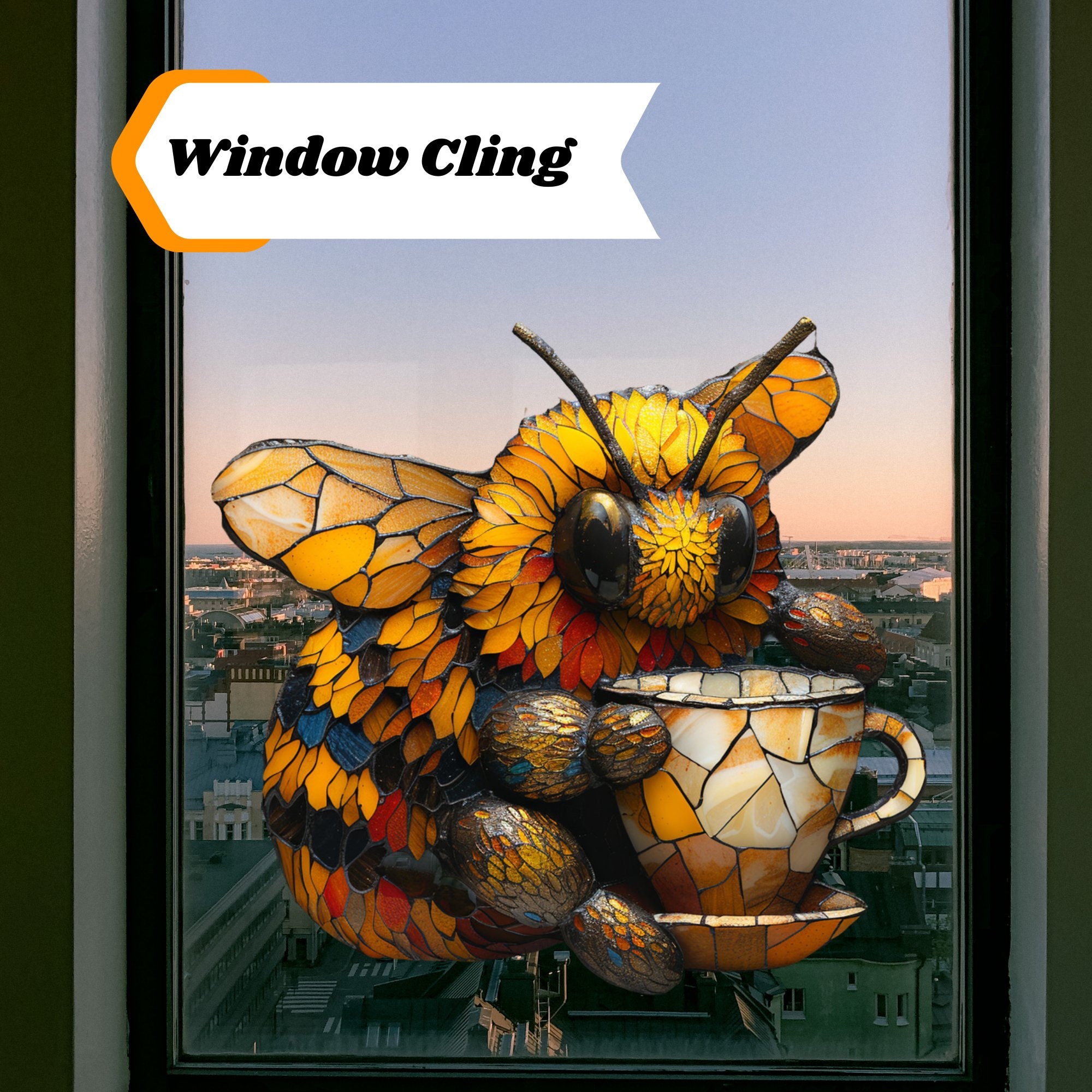 Bumblebee Morning Coffee Stained Glass Window Cling Sticker Decal Vinyl ...