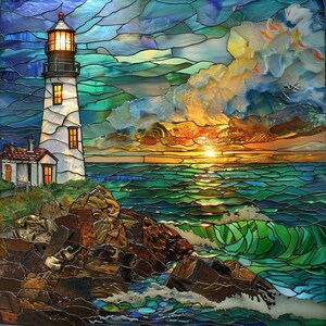 Lighthouse Stained Glass Look Art on Glossy Ceramic Decorative Tile ...