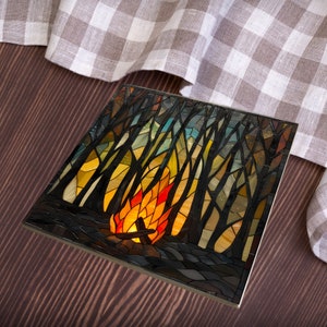 Animal Forest Bonfire Stained Glass Look Art on Glossy Ceramic ...
