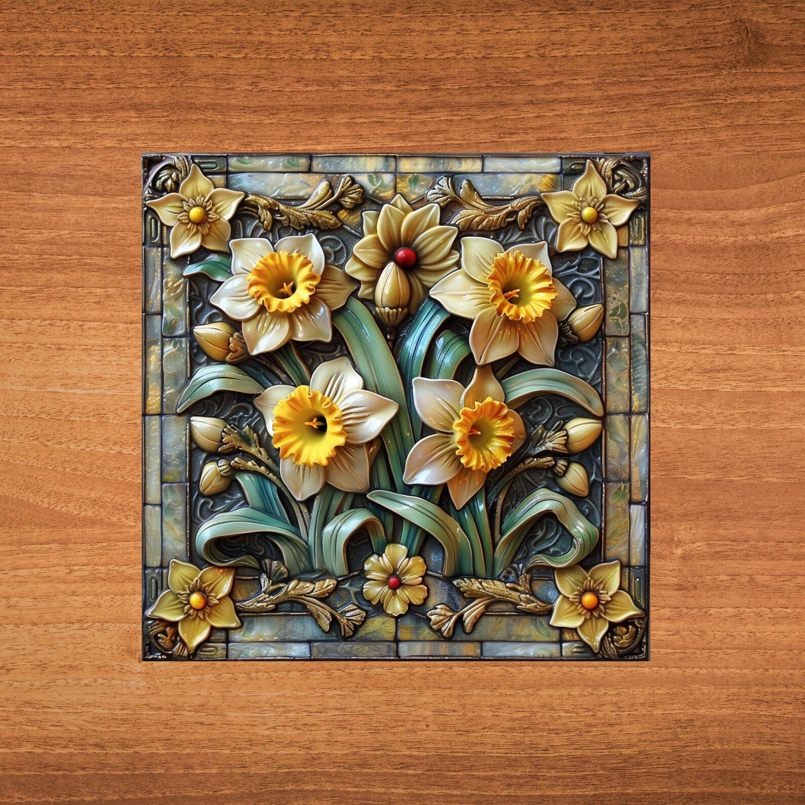 Daffodils Ceramic Art Tile Art Nouveau Deco Wall Decor Coffee Table ...