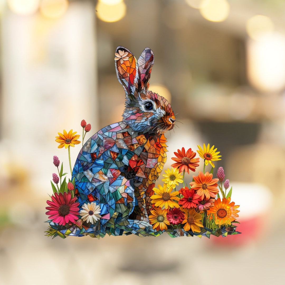 Flower Easter Bunny Easter Stained Glass Window Cling Resurrection Day ...