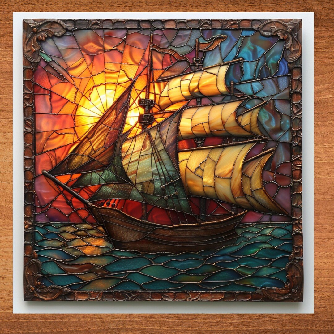 Sailing Ship Ceramic Art Tile Stained Glass Look Glossy Bookshelf Book ...