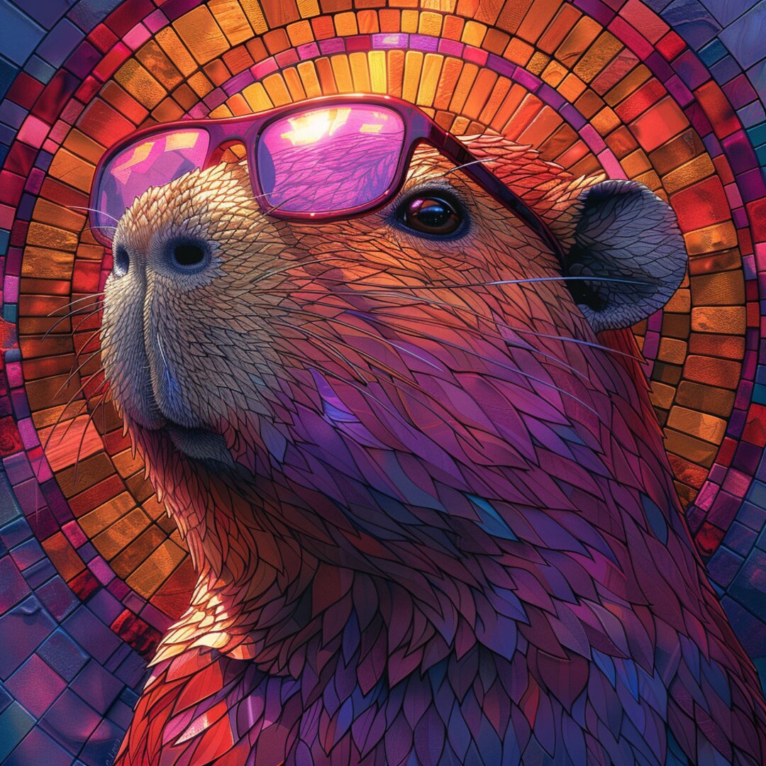 Smart Capybara Stained Glass Look Art on Glossy Ceramic Decorative Tile ...