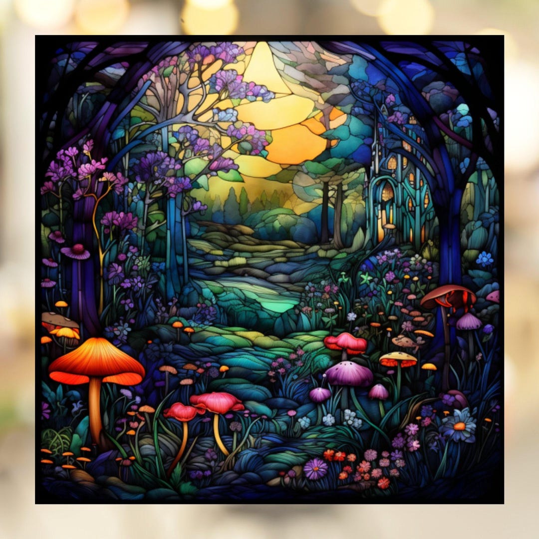 Mystical Enchanted Meadow Stained Glass Window Cling Window Decal ...