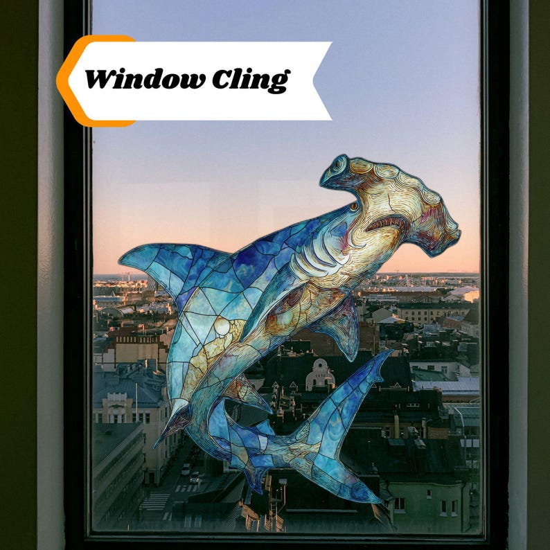 Hammerhead Shark Window Cling Stained Glass Look Decal Sticker Window ...