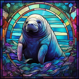 Manatee Window Stained Glass Window Cling Sea Cow Vinyl Window Decal ...