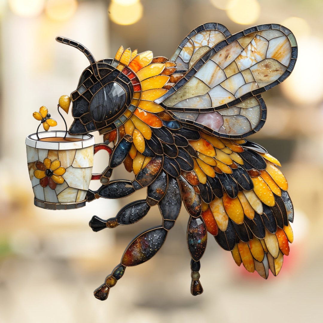 Bee Drinking Coffee Stained Glass Window Cling Sticker Decal Vinyl ...