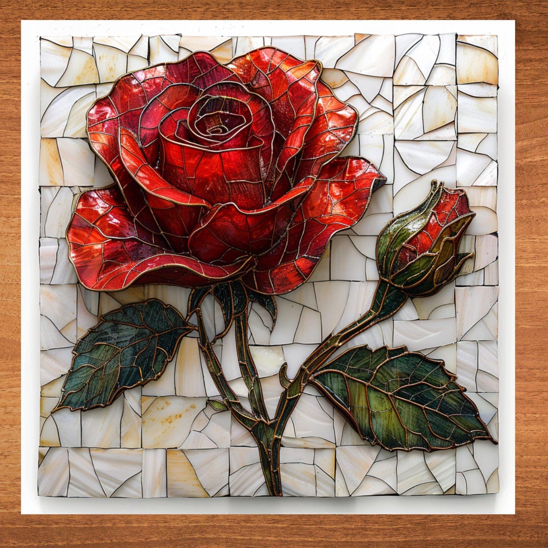 Red Rose Ceramic Art Tile Stained Glass Look Glossy Bookshelf Book Nook ...