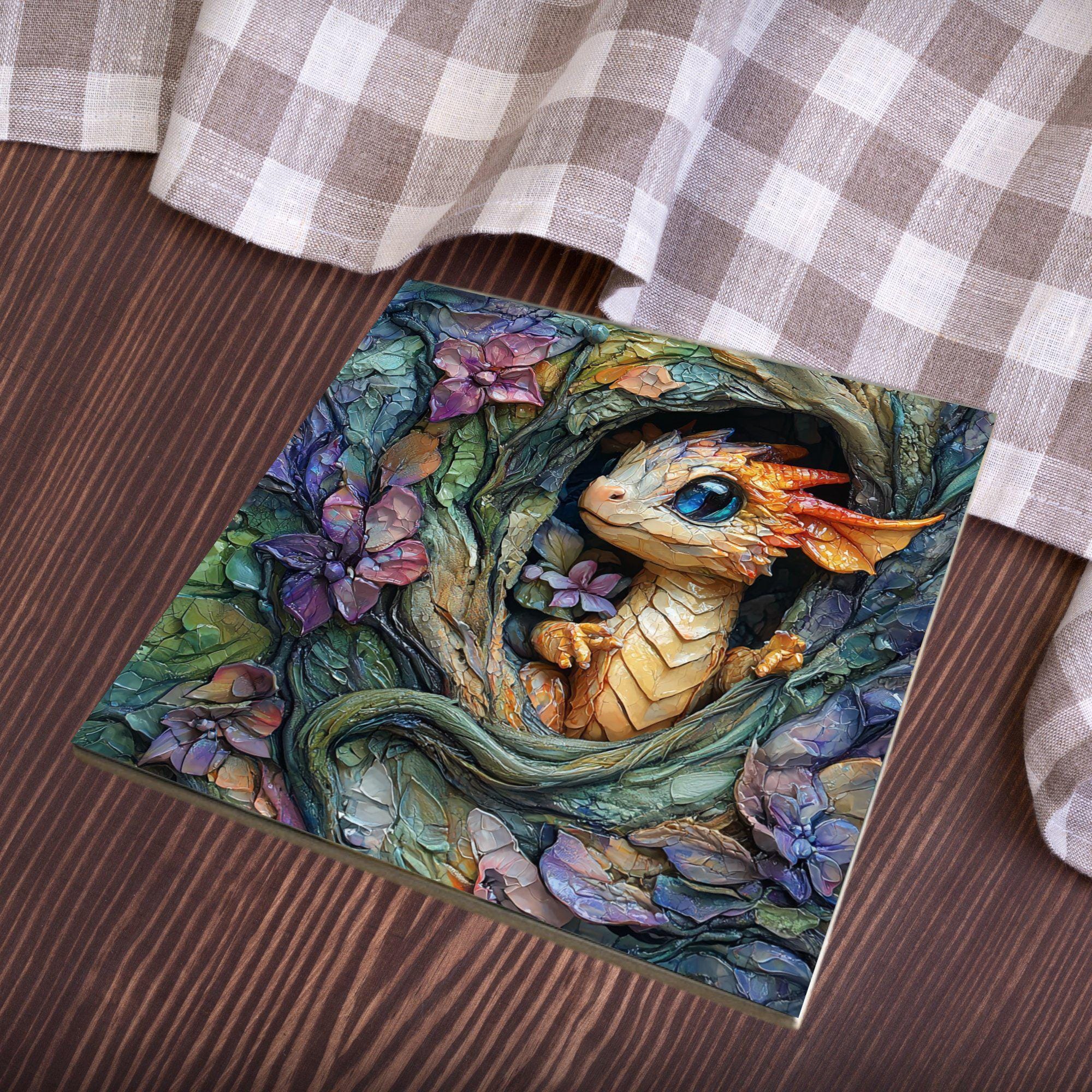 Dragon Hatchling Peeking Out of Tree Ceramic Tile Art Beautiful Animal ...