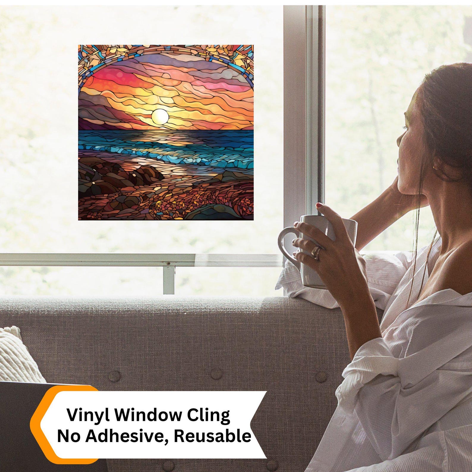 Ocean Waves Peaceful Beach at Sunrise Stained Glass Window Cling - Etsy