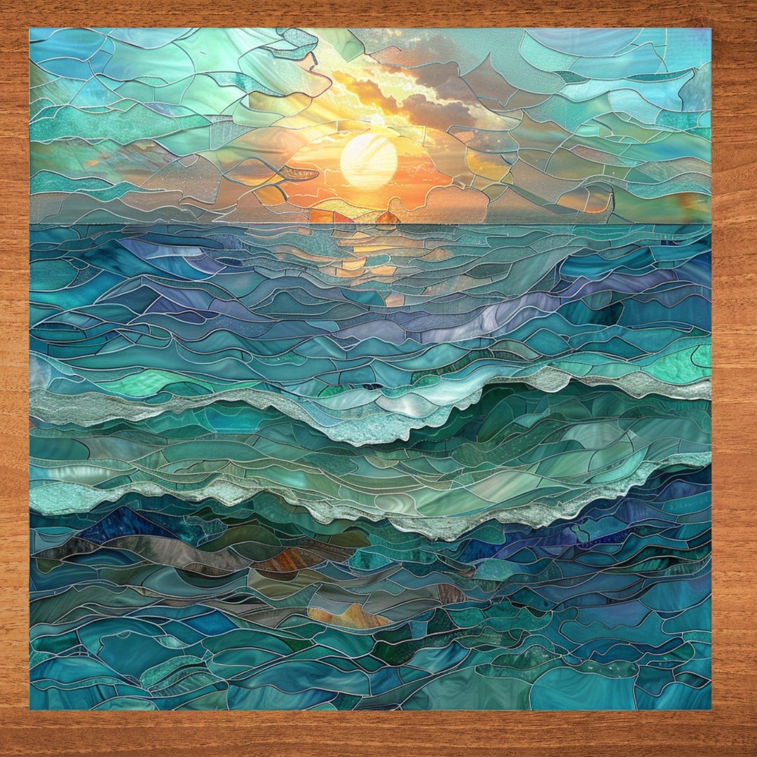 Ocean Waves at Sunrise Stained Glass Look Art on Glossy Ceramic Tile ...