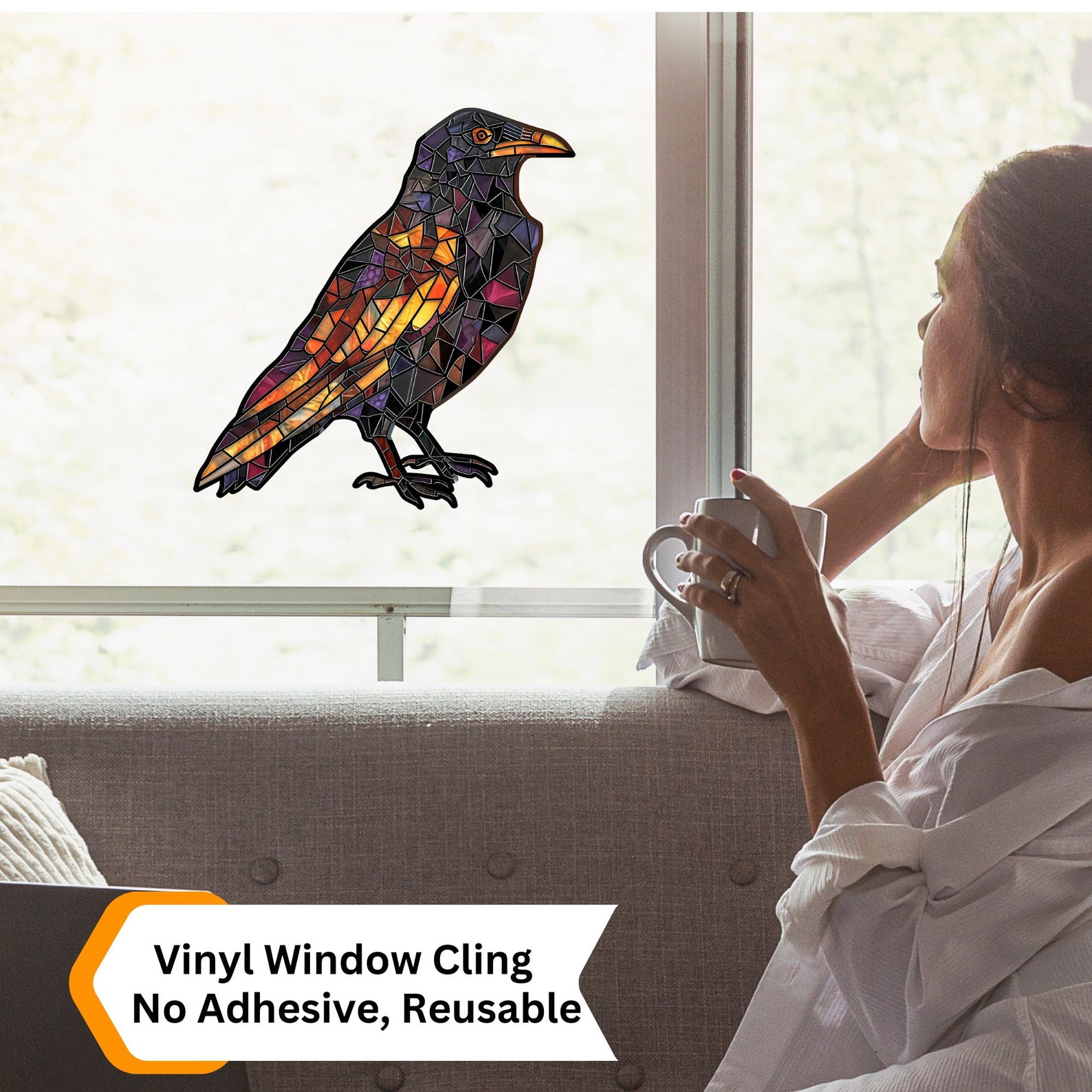 Raven Stained Glass Window Cling Decal Sticker Vinyl Window Film Artful ...
