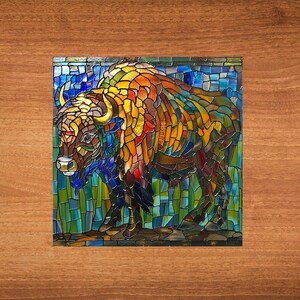 Bison Stained Glass Look Art on Glossy Ceramic Decorative Tile Tileful ...