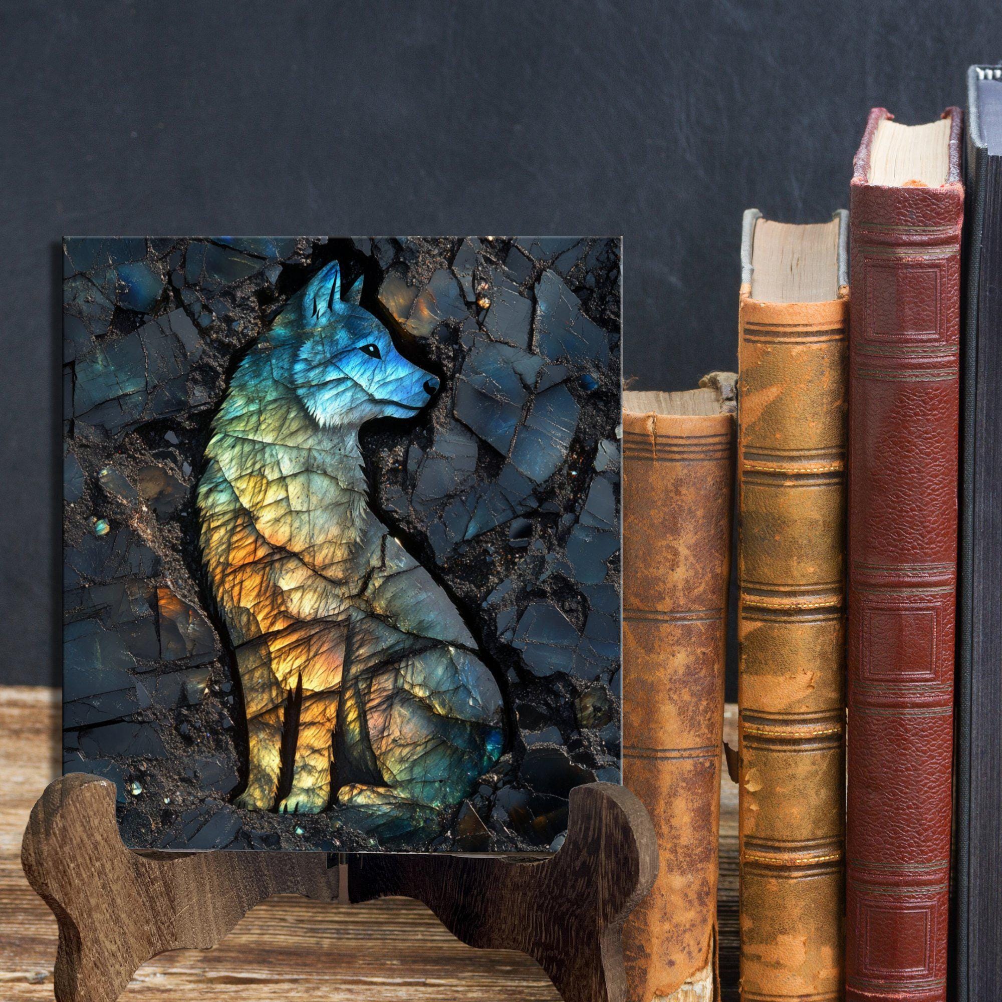 Blue Wolf Stone Ceramic Art Tile Decor for Bookshelf Book Nook Wall Art ...