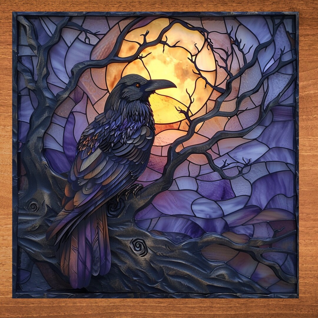 Raven Sitting on Tree in Moonlight Stained Glass Look Art on Glossy ...