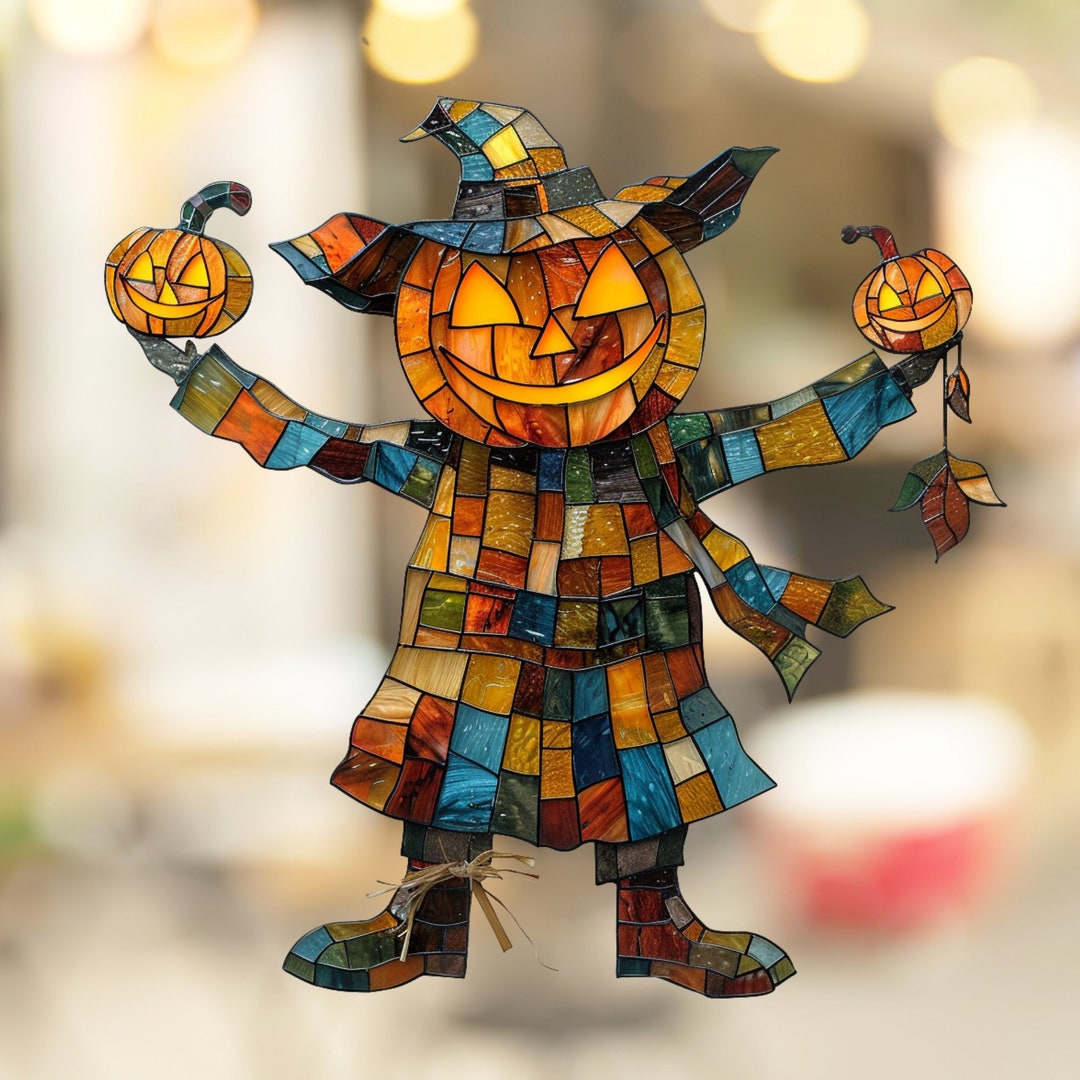 Jack Scarecrow Stained Glass Look Window Cling Halloween Decor Fall ...