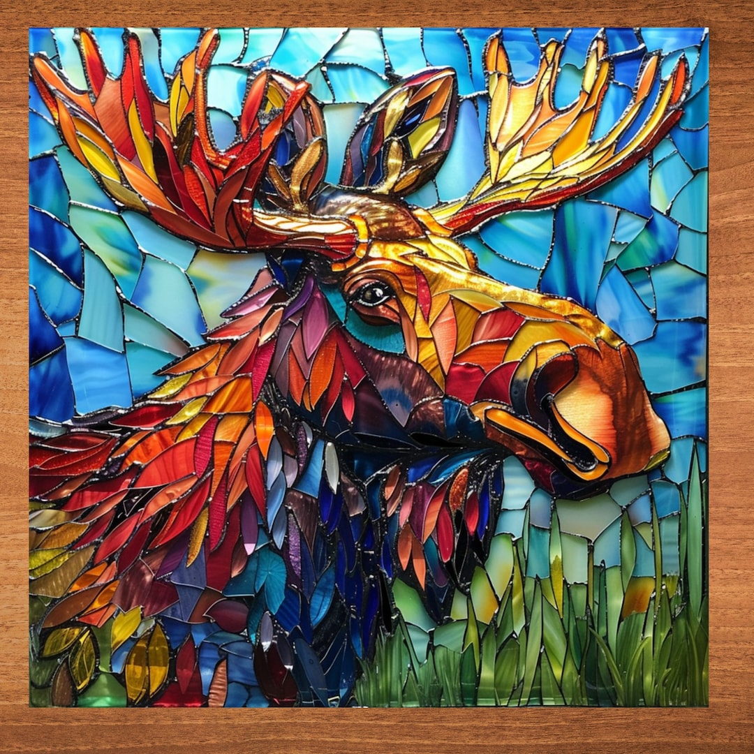 Moose Stained Glass Look Art on Glossy Ceramic Decorative Tile Tileful ...