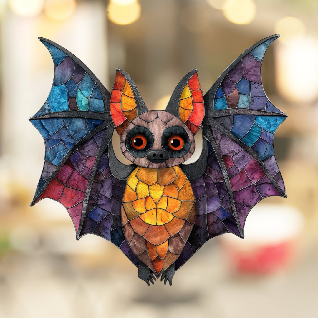 Cute Bat Halloween Stained Glass Look Window Cling Decal Sticker Window ...