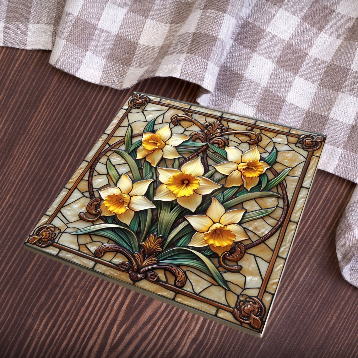 Daffodils Ceramic Art Tile Art Nouveau Deco Wall Decor Coffee Table ...