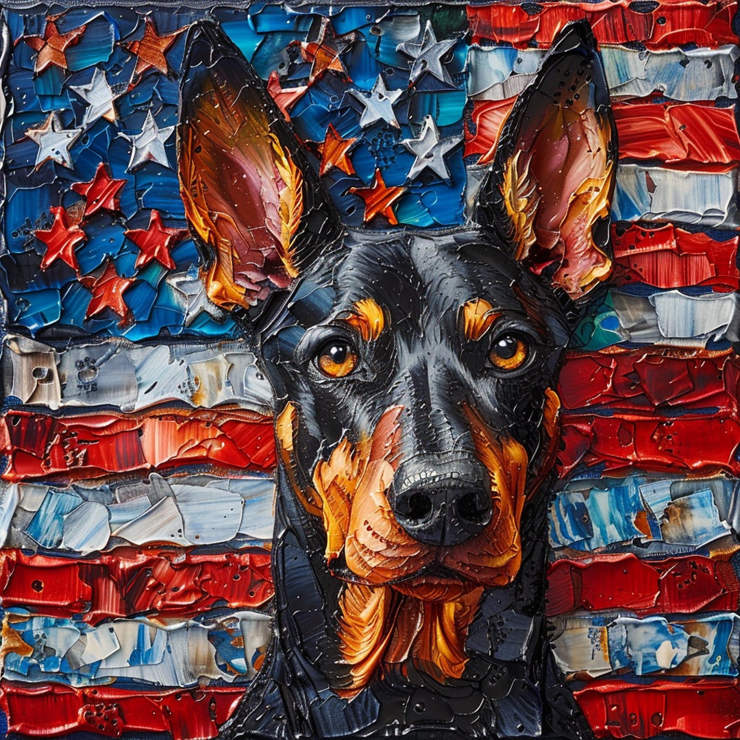 Doberman Pinscher Flag Stained Glass Look Art on Glossy Ceramic ...