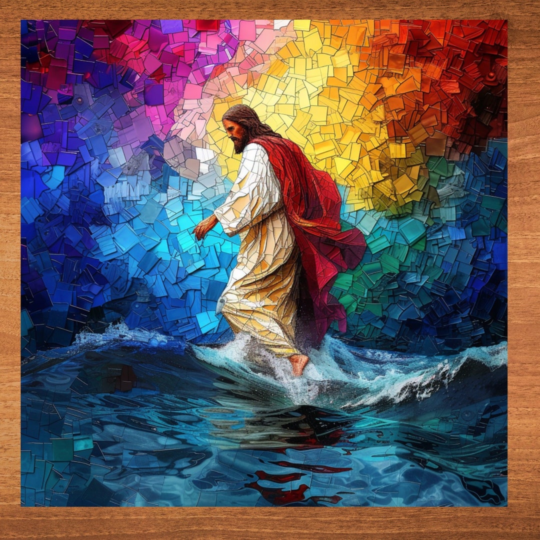 Jesus Walks on Water Stained Glass Look Art on Glossy Ceramic Tile ...