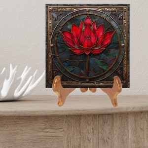 Red Lotus Stained Glass Look Art on Glossy Ceramic Decorative Tile Gift ...
