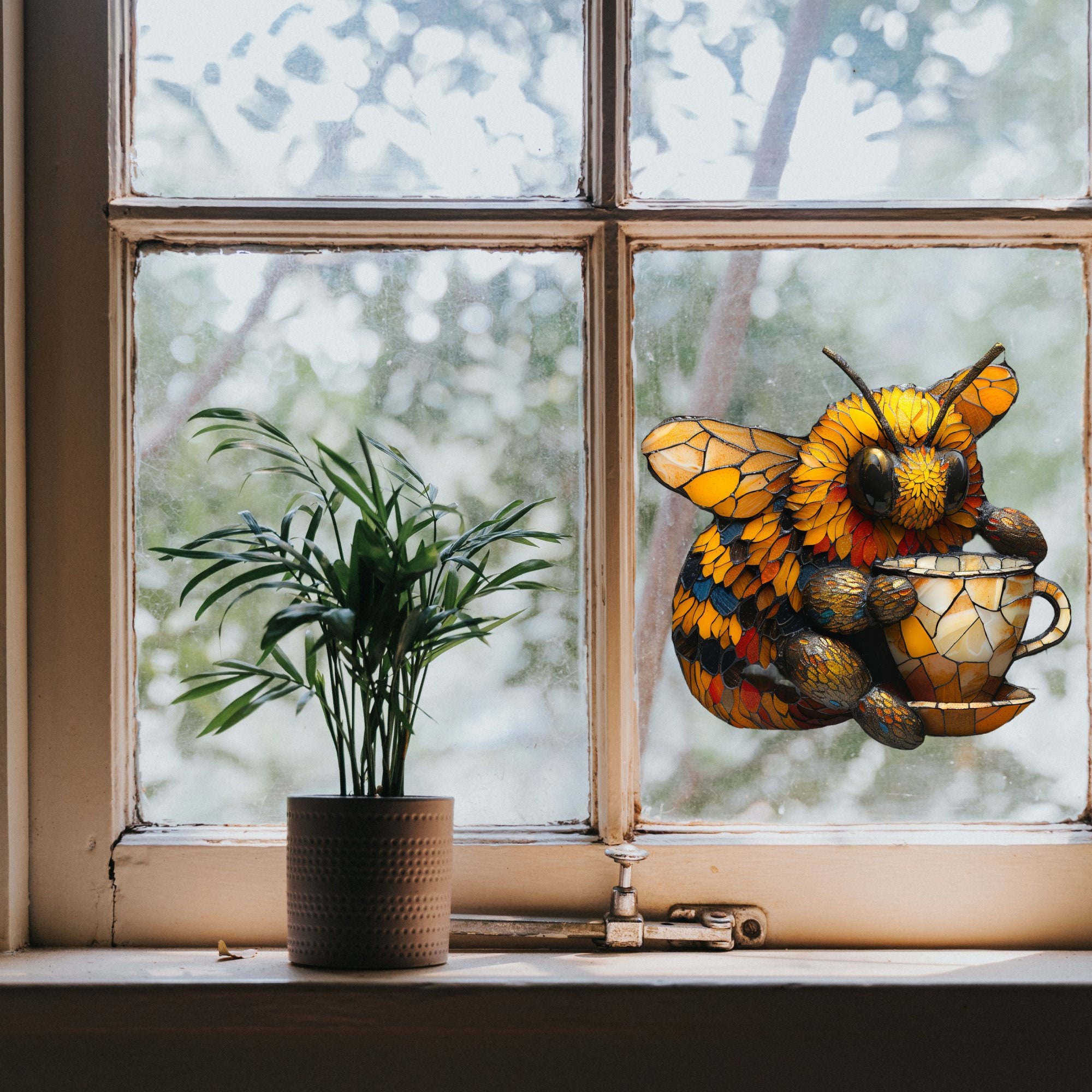 Bumblebee Morning Coffee Stained Glass Window Cling Sticker Decal Vinyl ...