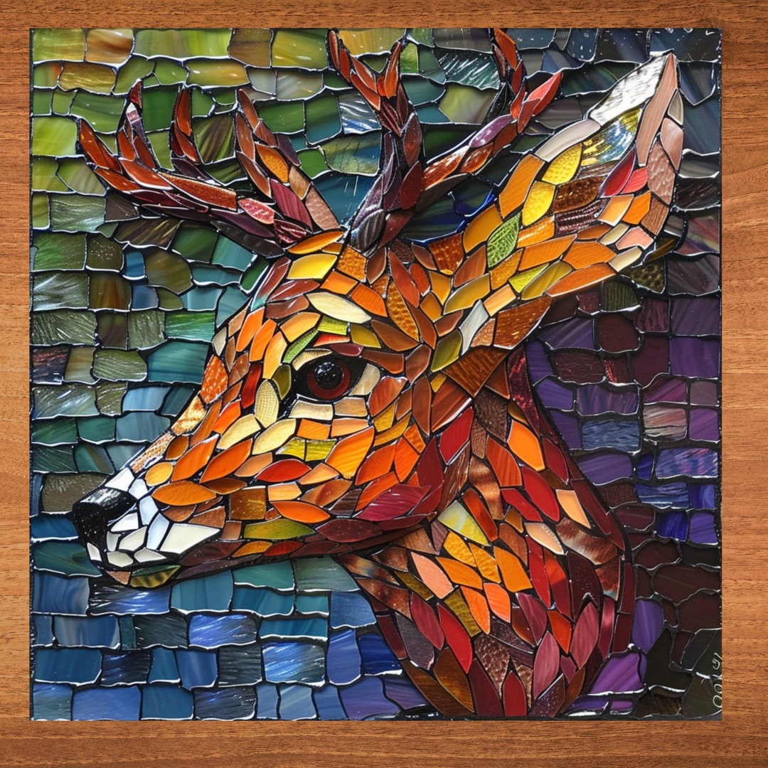 Deer Stained Glass Look Art on Glossy Ceramic Decorative Tile Tileful ...