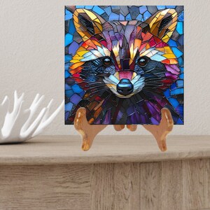 Raccoon Stained Glass Look Art on Glossy Ceramic Decorative Tile ...