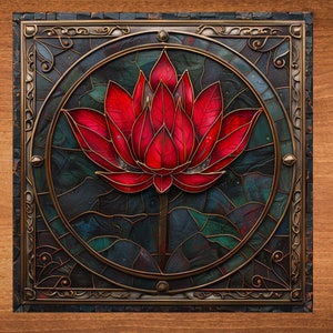 Red Lotus Stained Glass Look Art on Glossy Ceramic Decorative Tile Gift ...