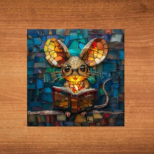 Mouse Reading Stained Glass Look Art on Glossy Ceramic Decorative Tile ...