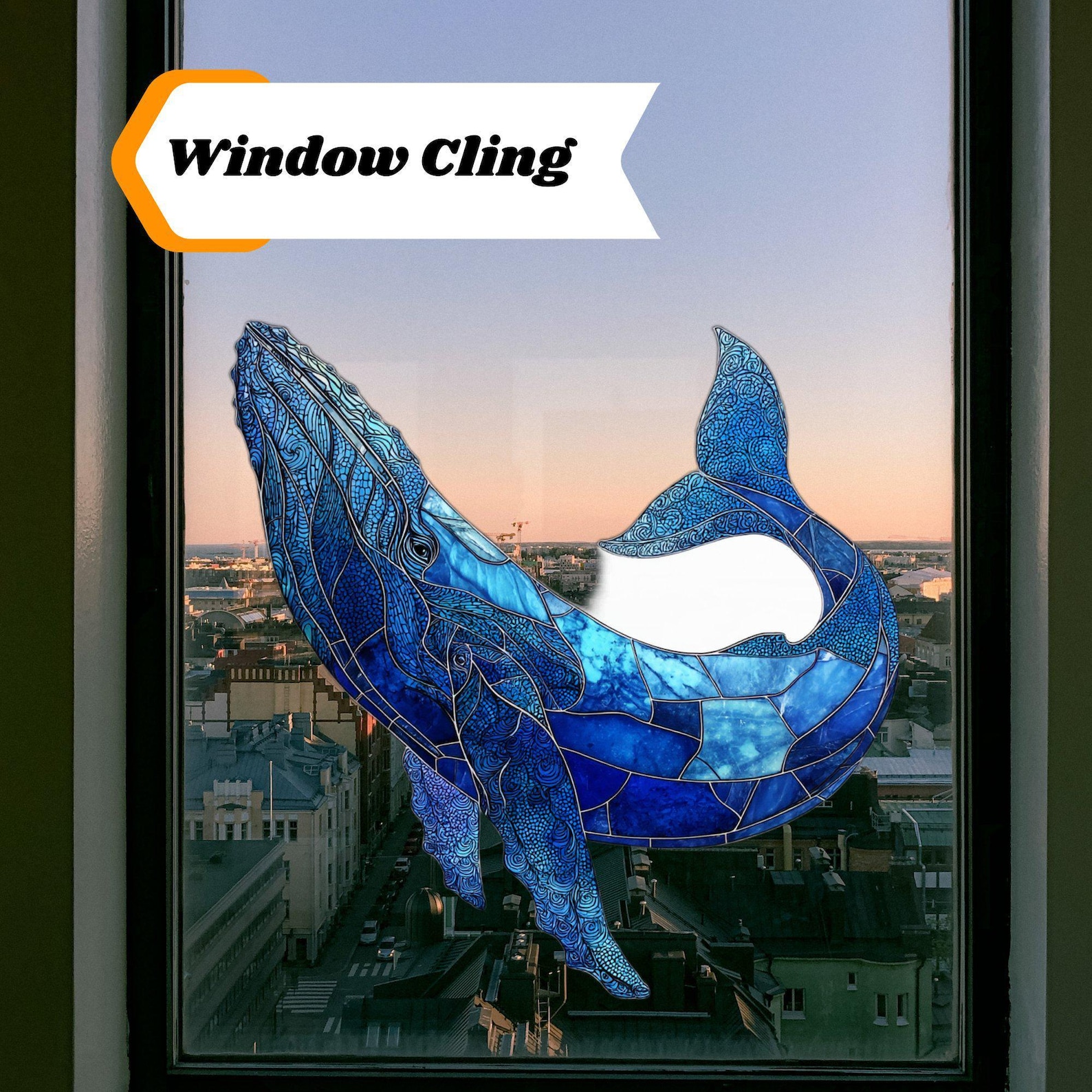 Blue Whale Window Cling Stained Glass Look Decal Sticker Window Film No ...