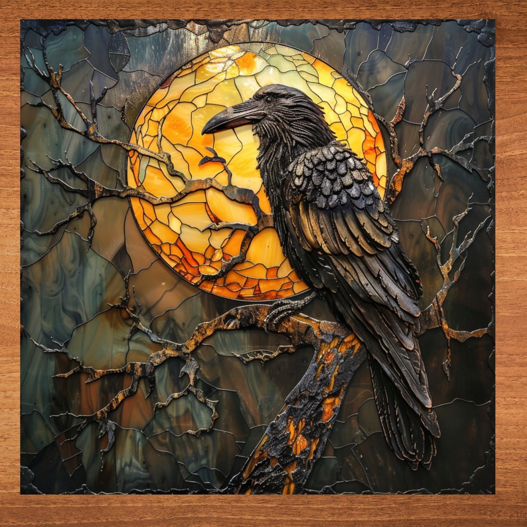 Raven Sitting on Tree in Moonlight Stained Glass Look Art on Glossy ...