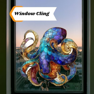Stained Glass Giant Pacific Octopus Window Cling Stained Glass Look ...