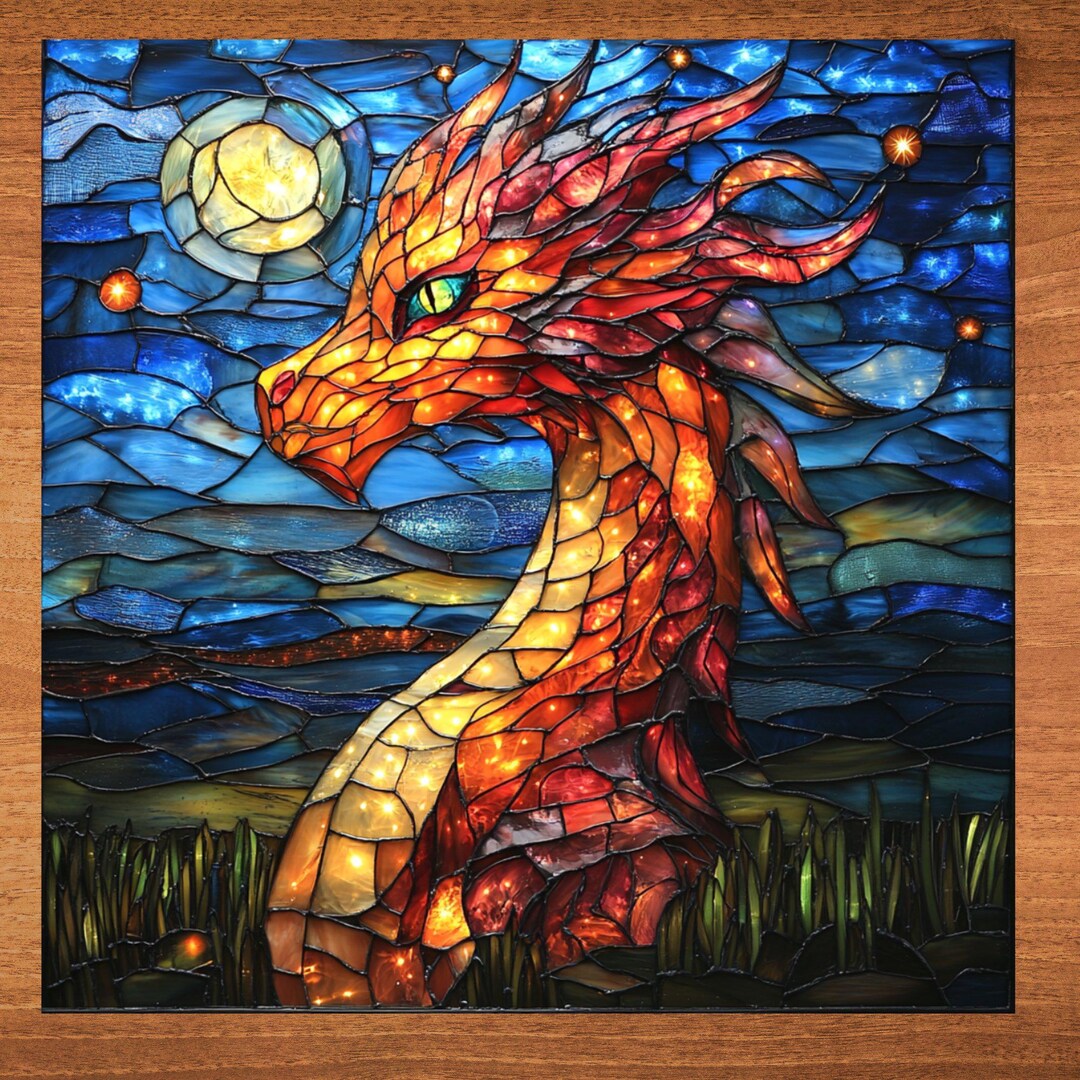 Yellow Red Dragon Ceramic Art Tile Stained Glass Look Glossy Bookshelf ...