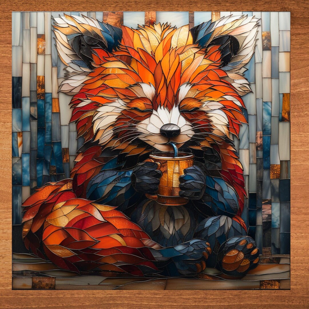 Red Panda Drinking Coffee Stained Glass Look Art on Glossy Ceramic Tile ...