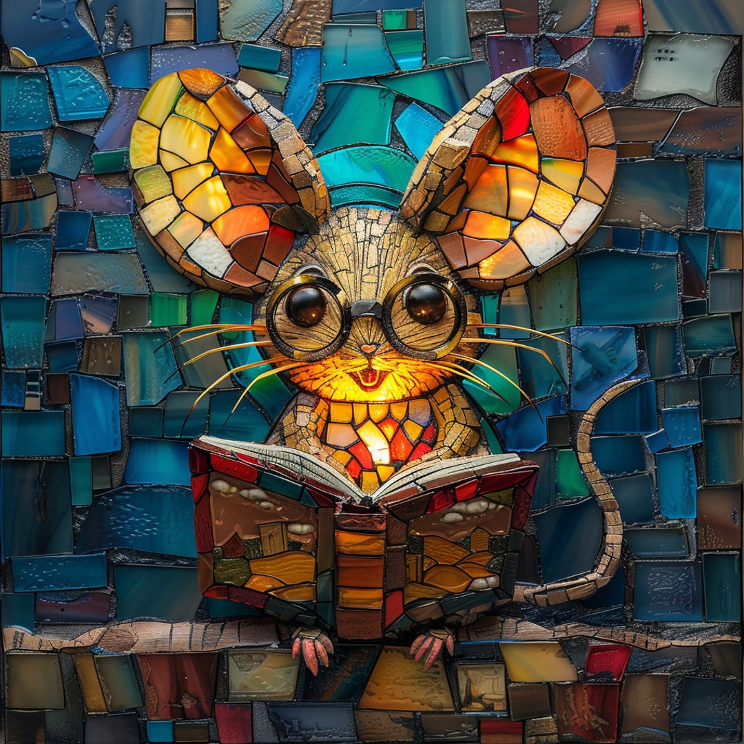 Mouse Reading Stained Glass Look Art on Glossy Ceramic Decorative Tile ...
