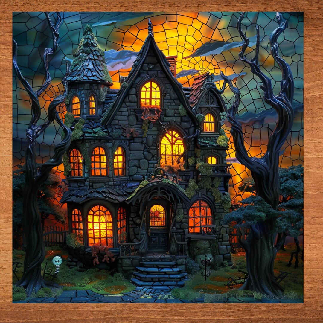 Haunted House With Ghosts Stained Glass Look Art on Glossy Ceramic Tile ...