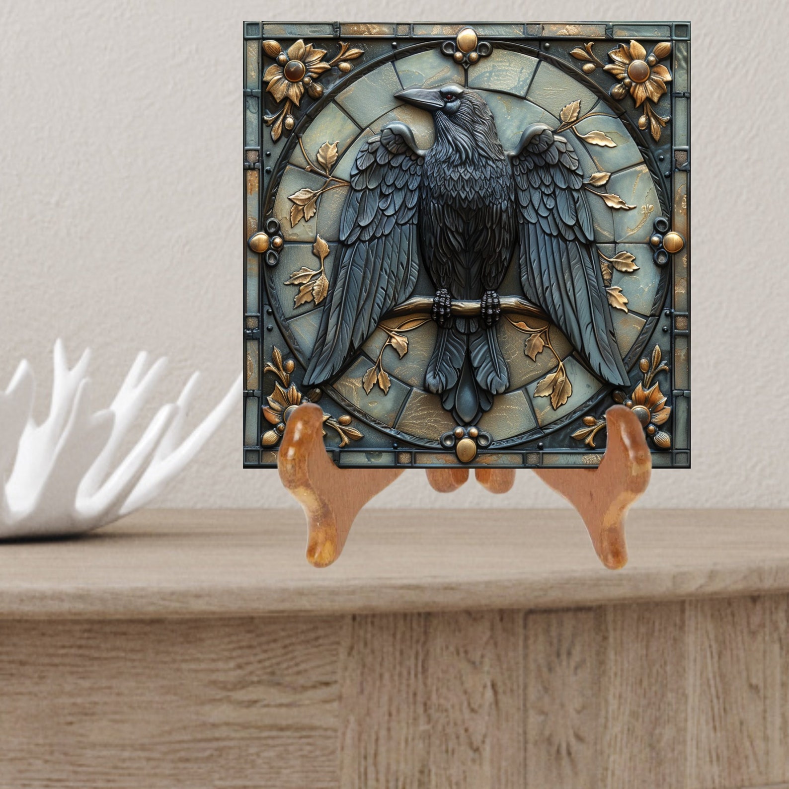 Raven Art Nouveau Ceramic Art Tile Decorative Glossy Tile for Bookshelf ...