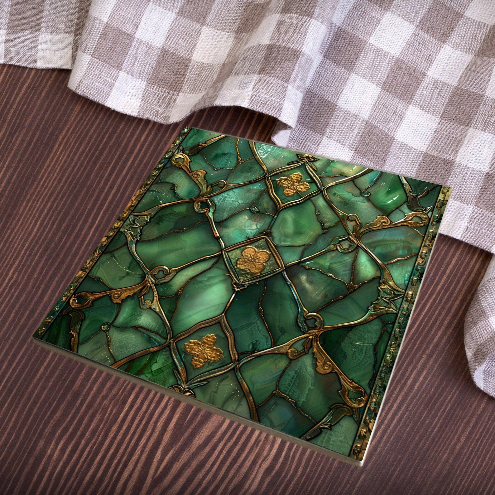 Hunter Green and Copper Stained Glass Look Art on Glossy Ceramic Tile ...