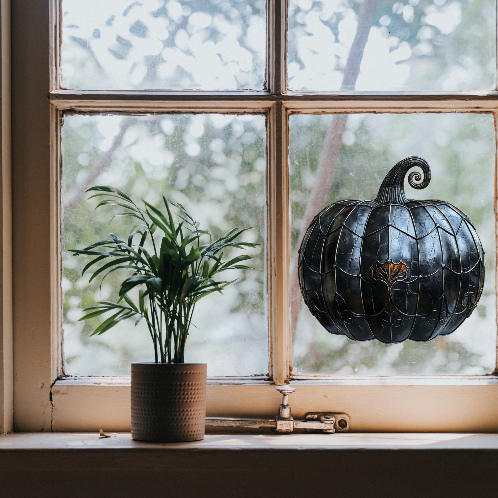 Black Pumpkin Stained Glass Look Window Cling Halloween Decor Fall ...