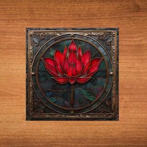 Red Lotus Stained Glass Look Art on Glossy Ceramic Decorative Tile Gift ...