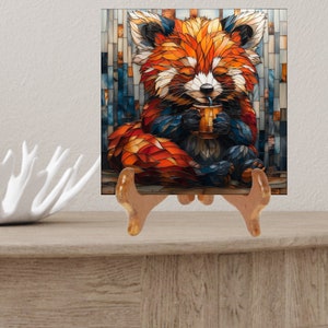 Red Panda Drinking Coffee Stained Glass Look Art on Glossy Ceramic Tile ...