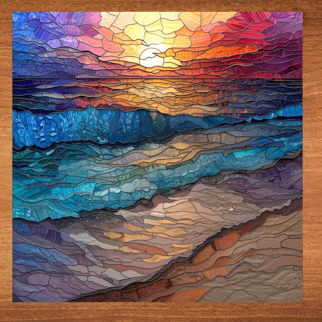 Gentle Ocean Waves Sunrise Stained Glass Look Art on Glossy Ceramic ...