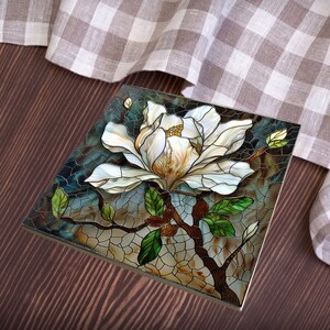 Magnolia Bloom Stained Glass Look Art on Glossy Ceramic Decorative Tile ...