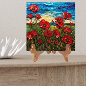 Red Poppy Field Stained Glass Look Art on Glossy Ceramic Tile Tileful ...