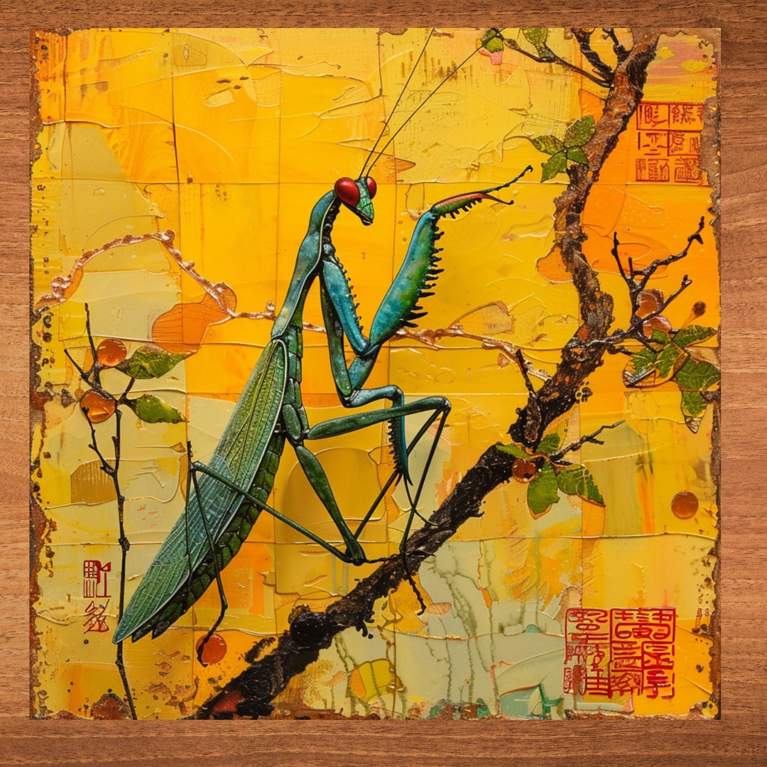 Preying Mantis Stained Glass Look Art on Glossy Ceramic Decorative Tile ...