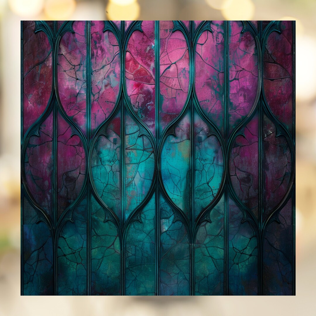 Teal and Fuchsia Stained Glass Window Cling Gothic Decor Sticker Decal ...