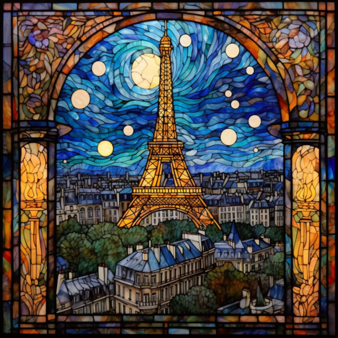 Stained Glass Paris at Night Window Cling Paris at Night Stained Glass ...